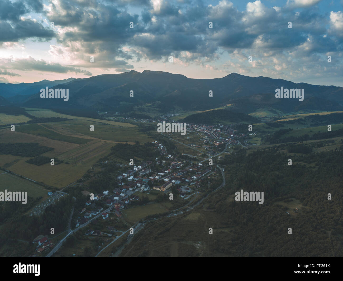 drone image. aerial view of rural mountain area in Slovakia, villages ...