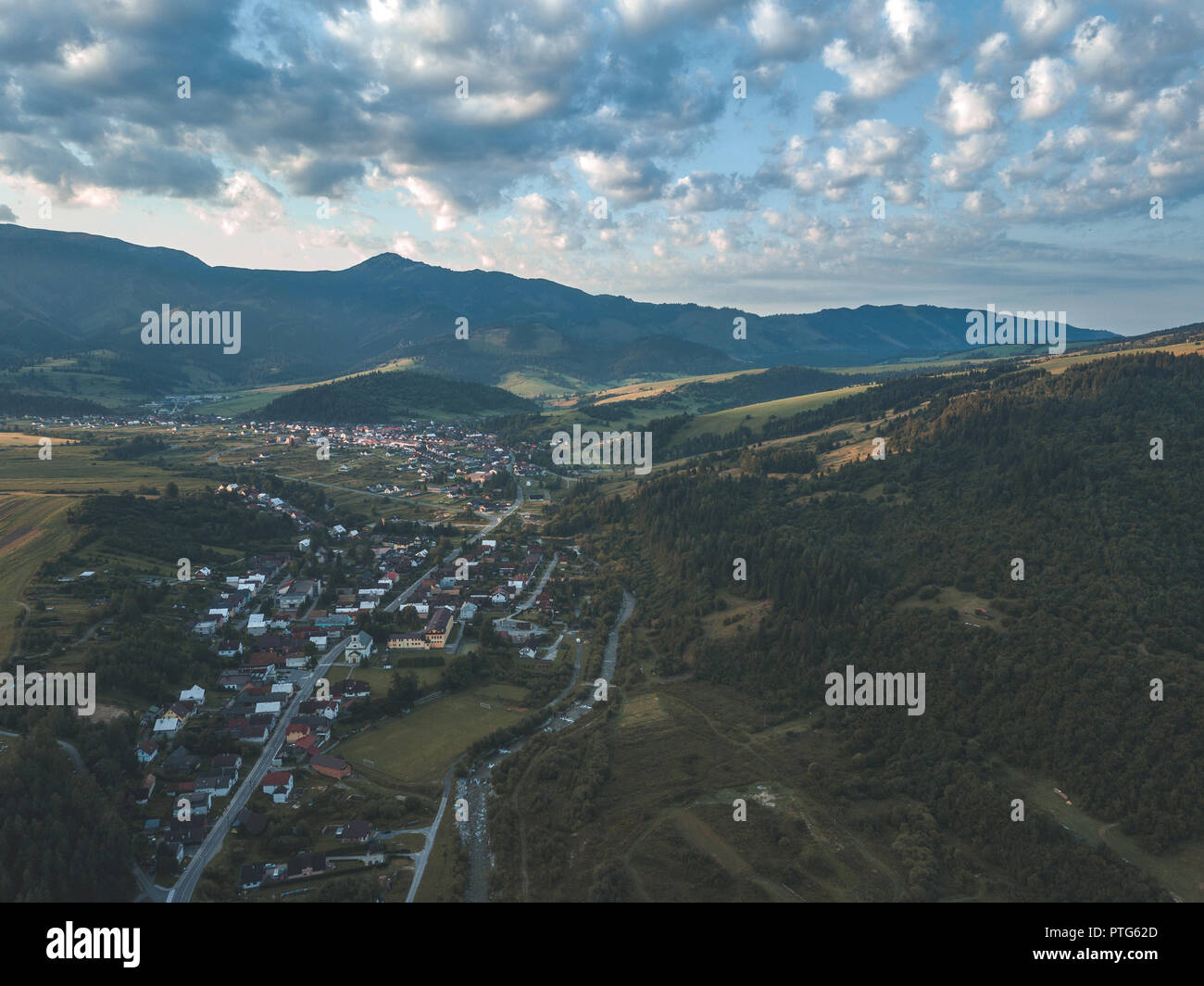 drone image. aerial view of rural mountain area in Slovakia, villages ...
