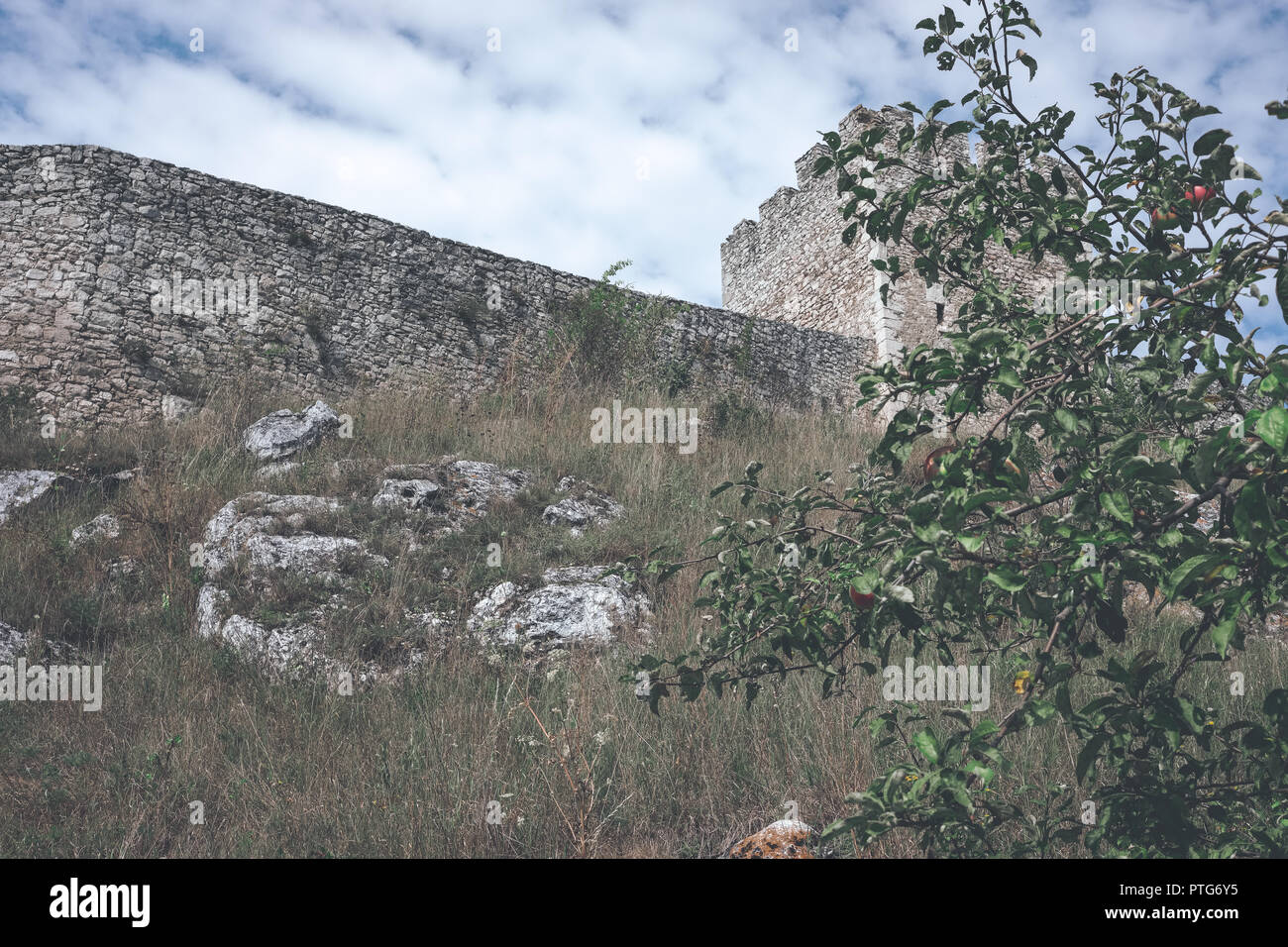ruins of old abandoned castle on the cliff with bricks and stone ...