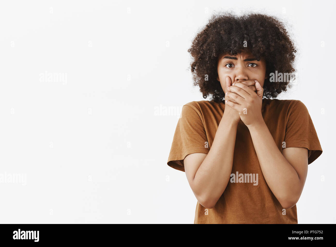 Woman feeling regret saying inappropriate things. Portrait of upset ...