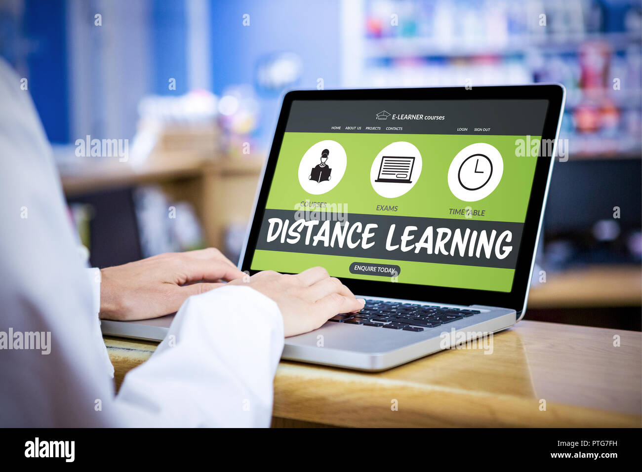 Composite 3d image of graphic image of e-learning interface on screen ...