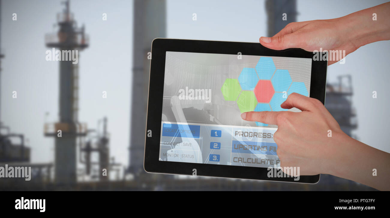 Composite 3d image of hands touching digital tablet against white ...