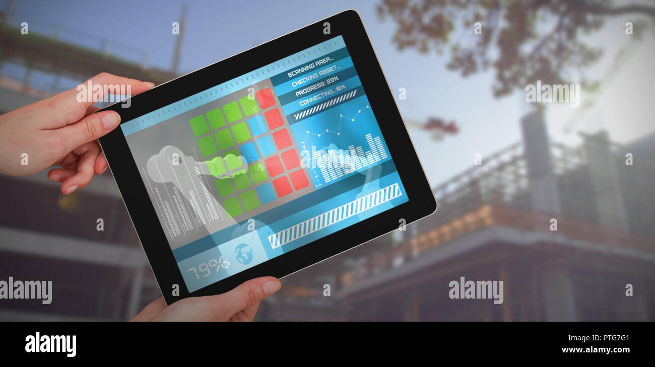 Composite 3d image of hands holding digital tablet against white ...