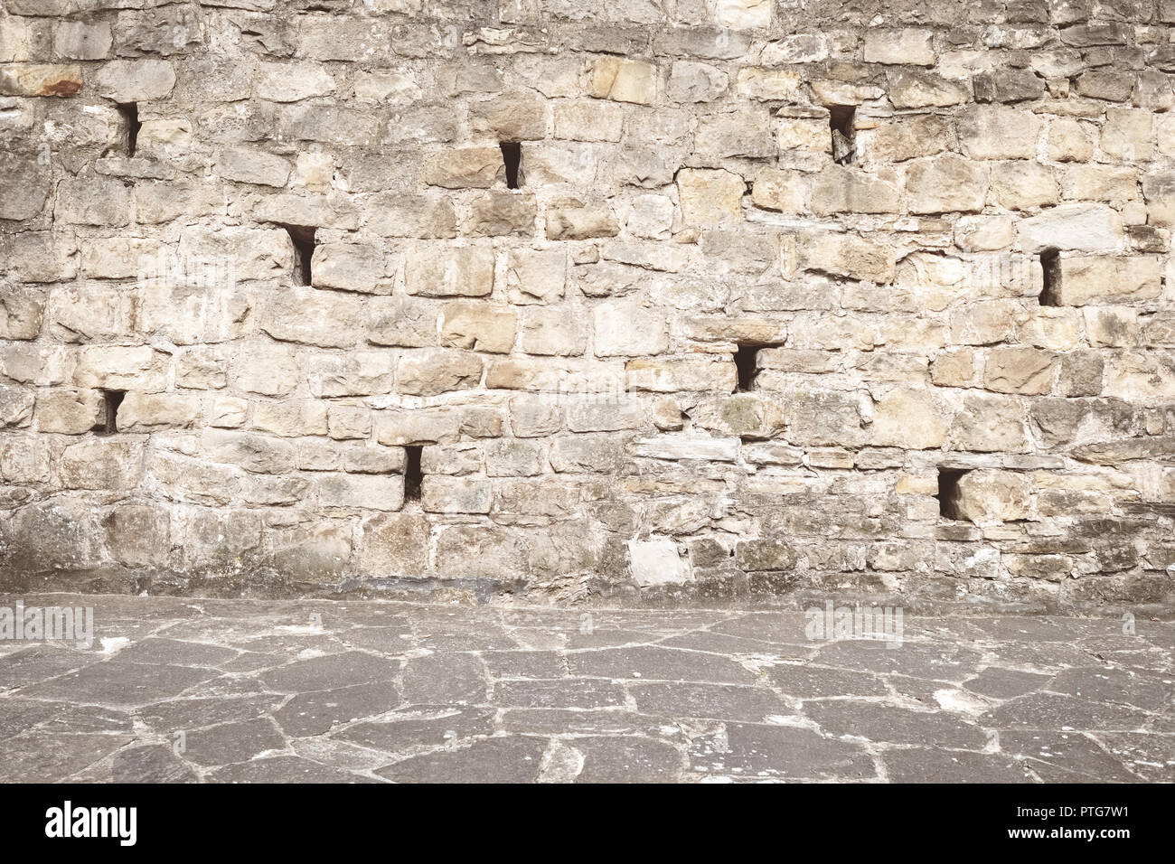 ruins of old abandoned castle on the cliff with bricks and stone ...