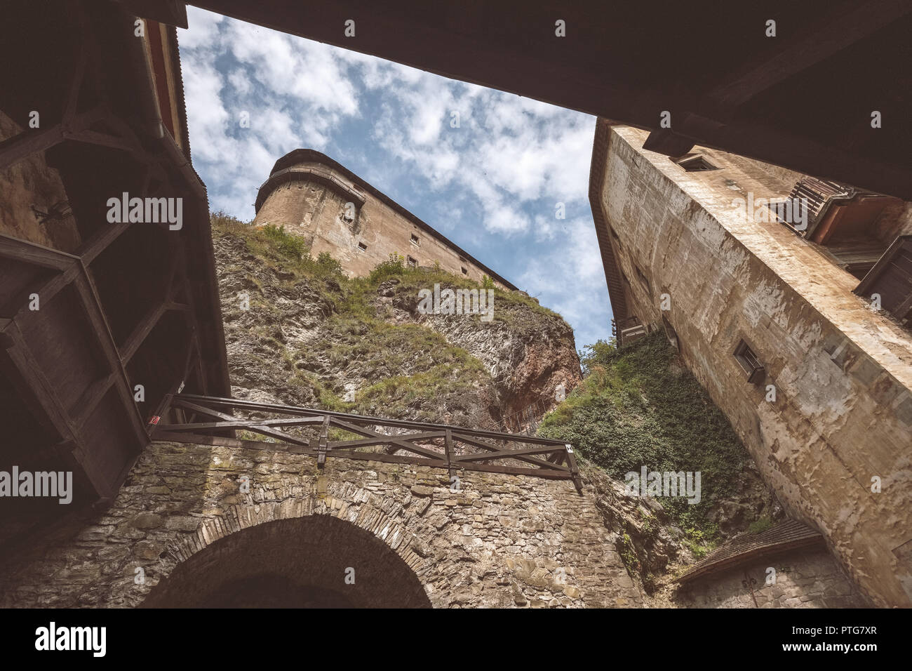 ruins of old abandoned castle on the cliff with bricks and stone ...