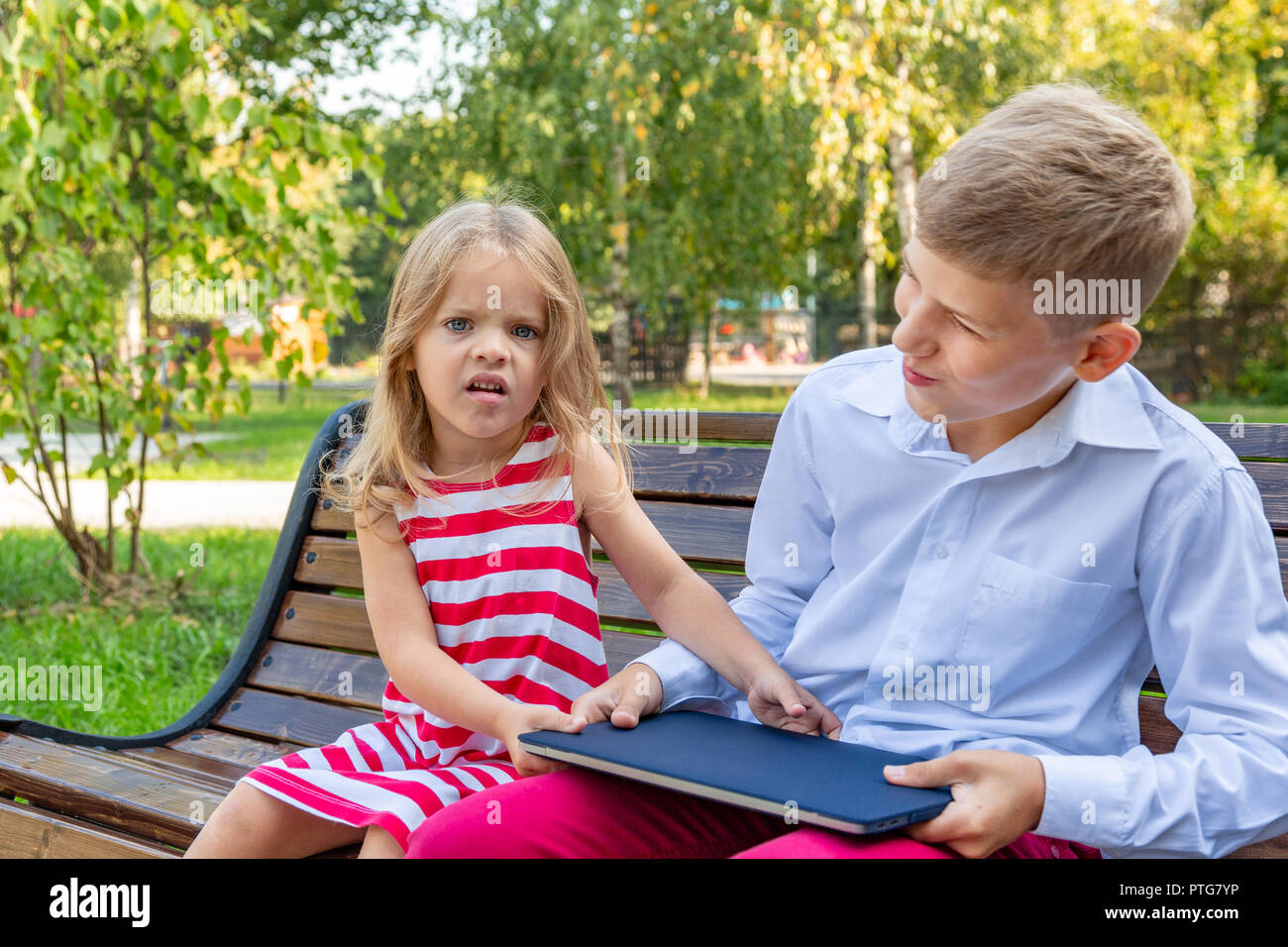 brother and sister in the park on a bench take away a laptop from each ...