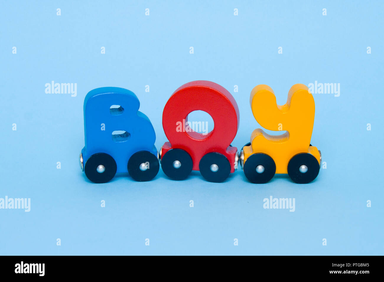 Word Boy made of letters train alphabet. Bright colors of red yellow ...