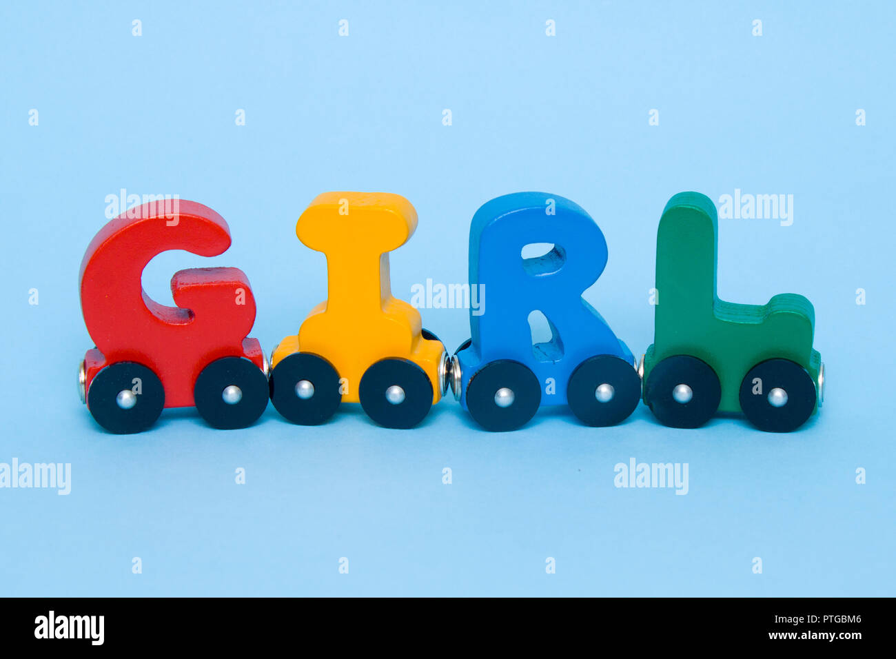 Word Girl made of letters train alphabet. Bright colors of red yellow ...
