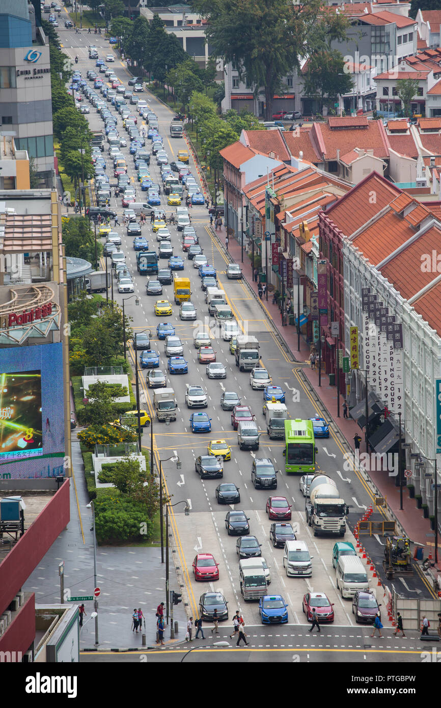 Aerial view of long stretch of road, congested heavy traffic jam with ...