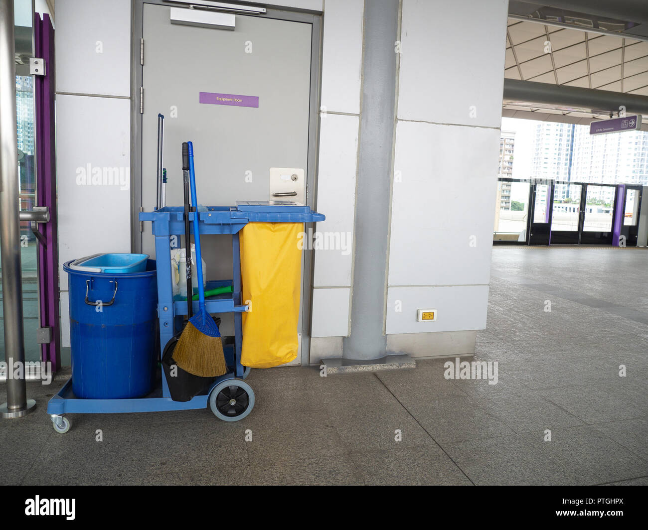 Cleaning tools cart wait for maid or cleaner in the subway (train ...