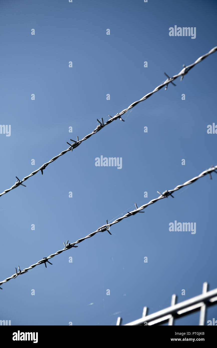 Two rows of Barbed Wire in front of blue sky Stock Photo - Alamy