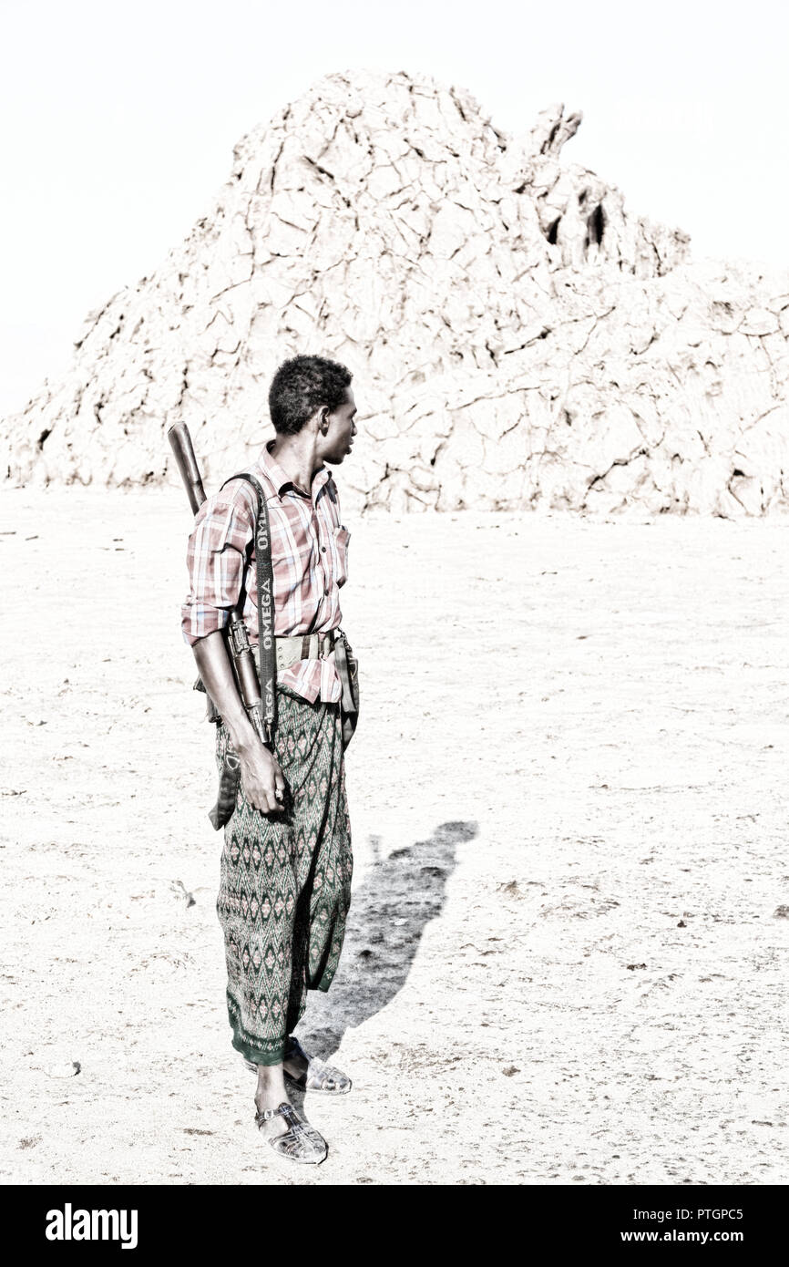 ETHIOPIA,DANAKIL-CIRCA JANUARY 2018--unidentified irregular soldier ...