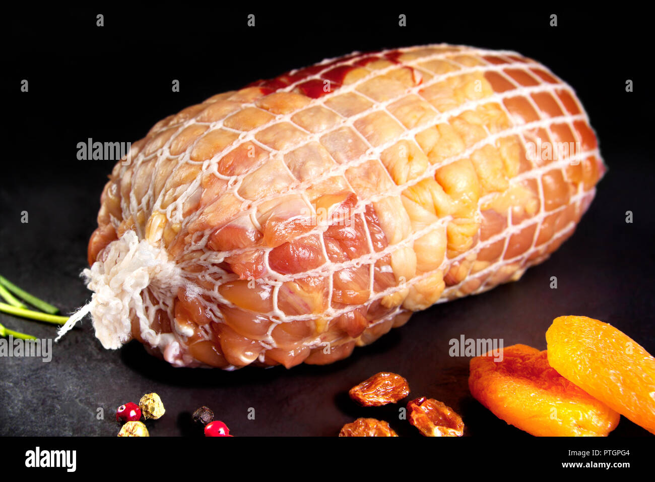 Raw and fresh meat. Stuffed Chicken. Roast beef roll stuffed. Still ...