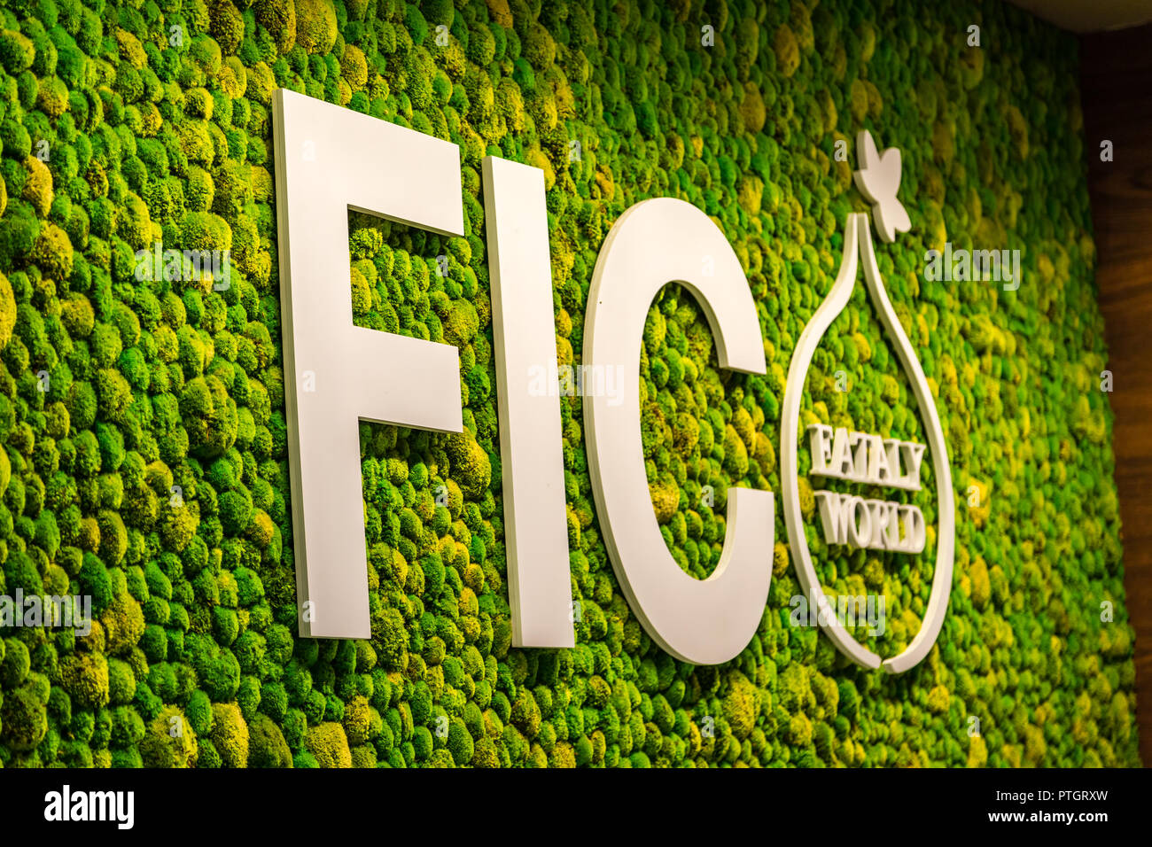 BOLOGNA, ITALY - OCTOBER 2, 2018: lights are enlightening logo of FICO ...