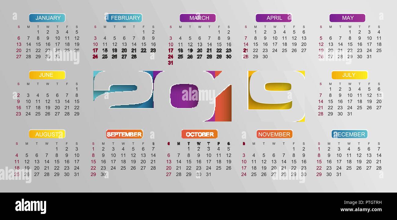 Modern calendar for 2019 year. Holiday event planner. Week Starts ...