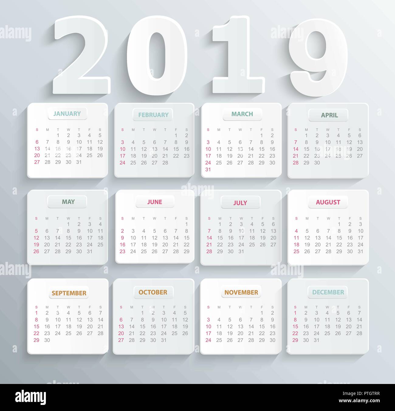 Simple calendar for 2019 year. Holiday event planner. Week Starts ...