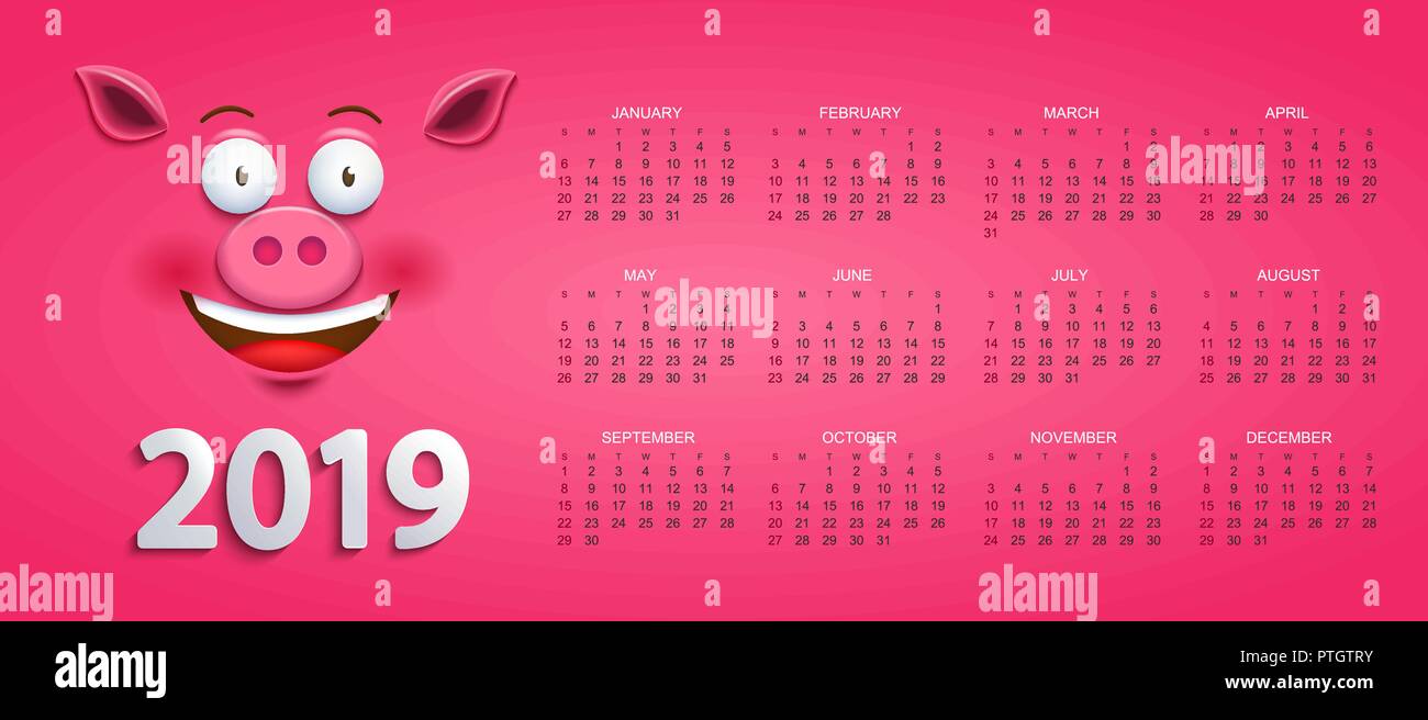 Cute calendar for 2019 year with smiling pig's face on pink background ...