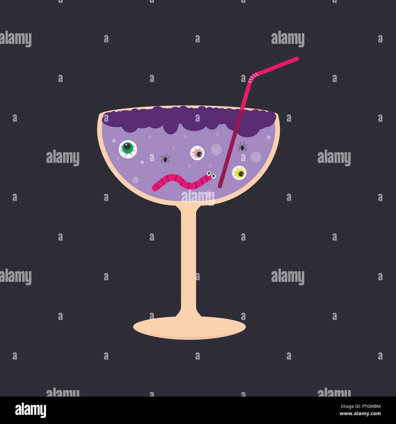 Set of Halloween cocktail icons, spooky drinks with eyeballs, spider ...