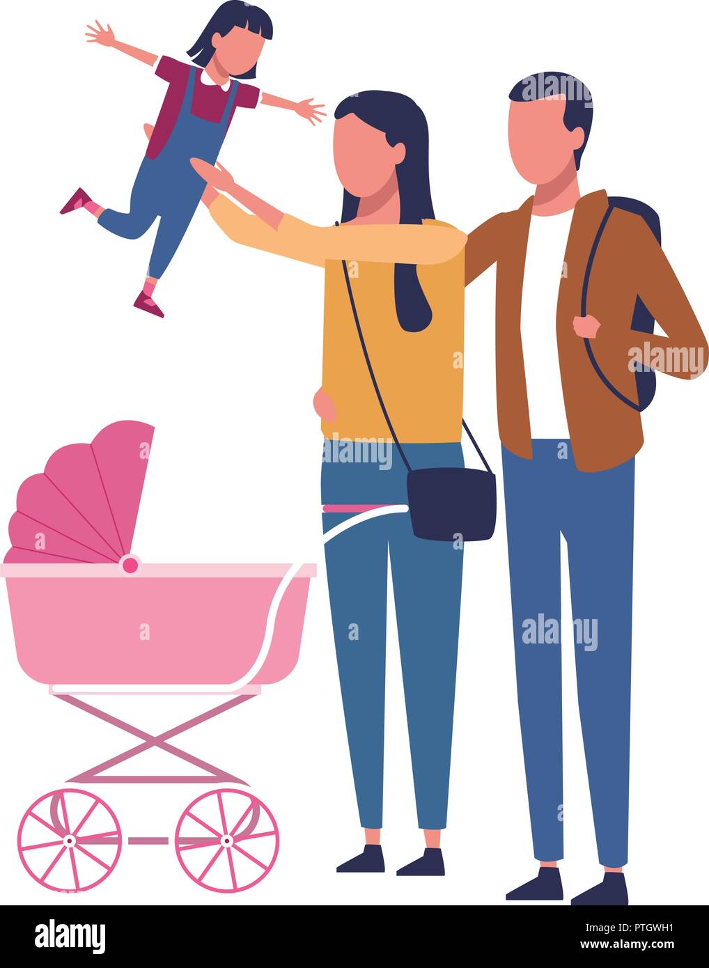 Parents with girl and pram cartoon vector illustration graphic design ...
