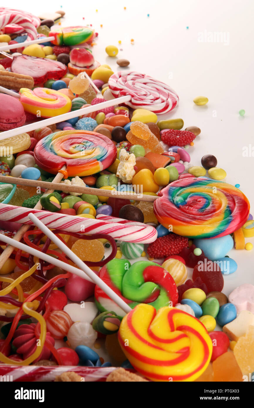 candies with jelly and sugar. colorful array of different childs sweets and treats Stock Photo ...