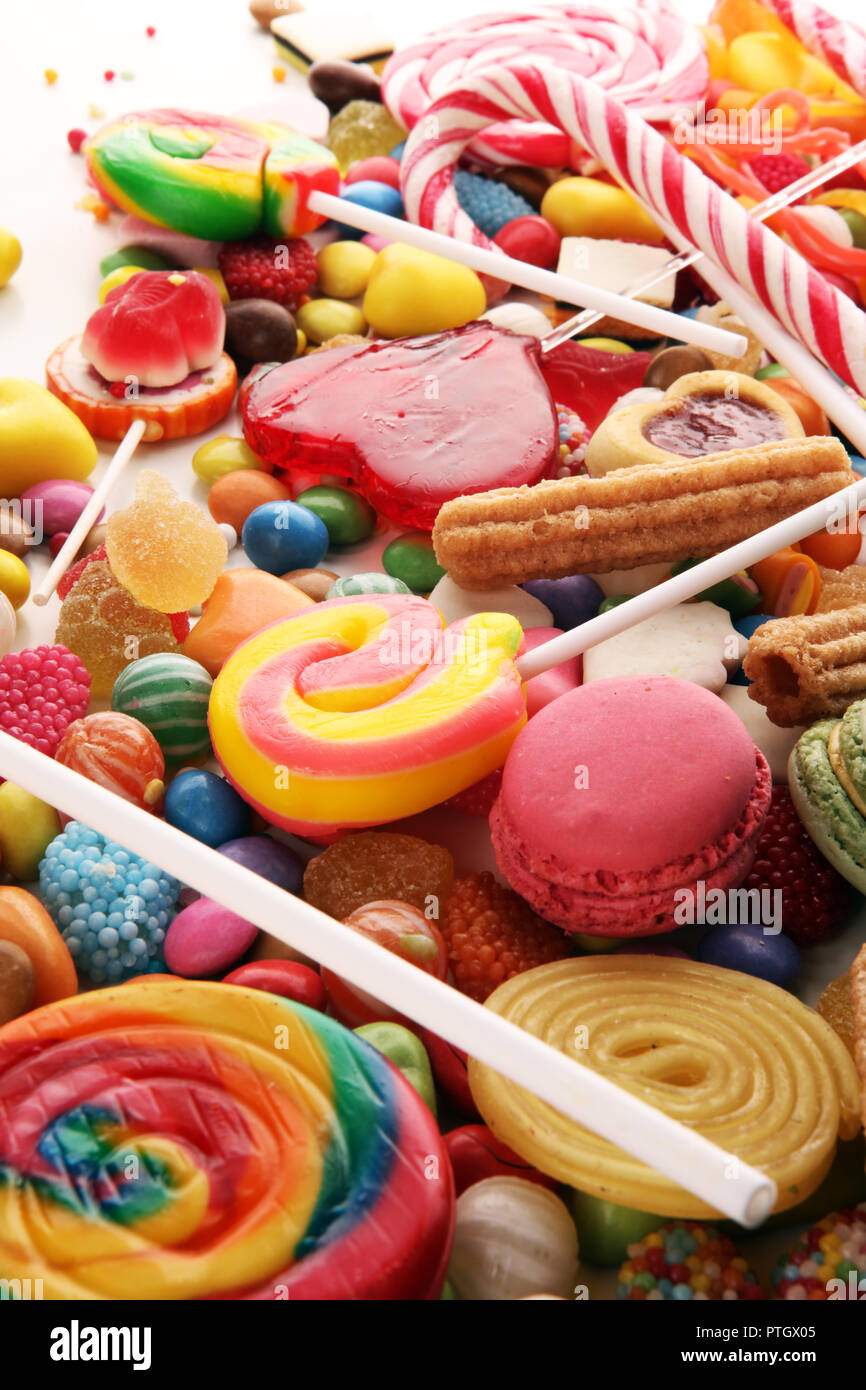 candies with jelly and sugar. colorful array of different childs sweets and treats Stock Photo ...