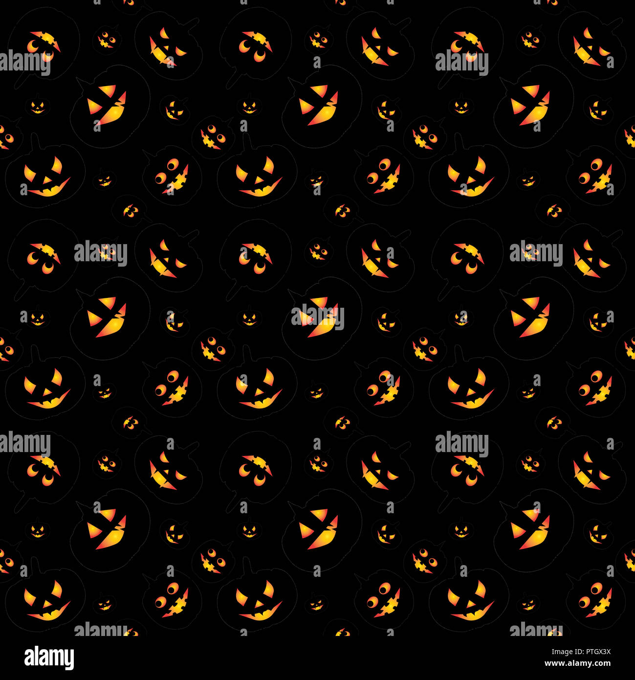Pattern of many orange eyes of host or angry faces of black pumpkins in ...