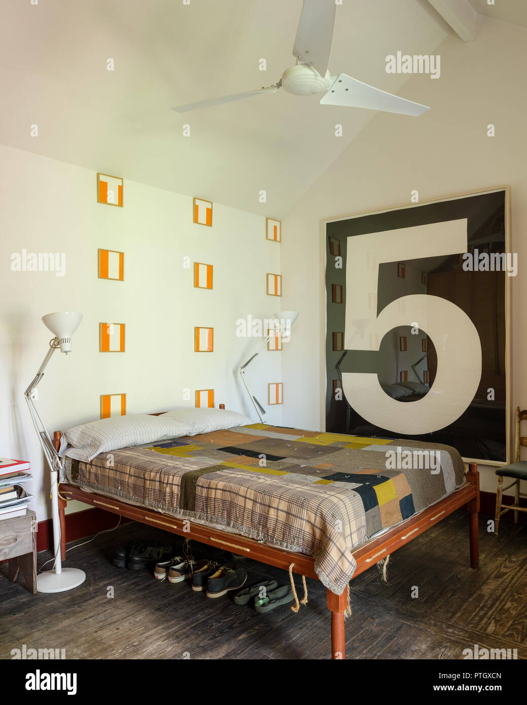 Shaker bed with quilt made of clothing fabric scraps with prints by ...