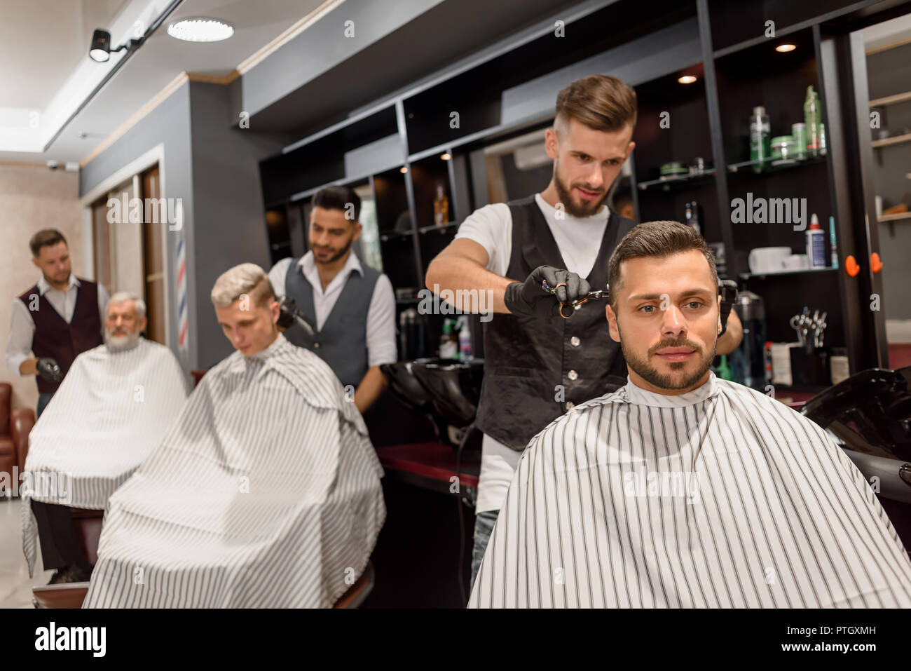 Concentrated hairdresser making professional and stylish haircut to ...