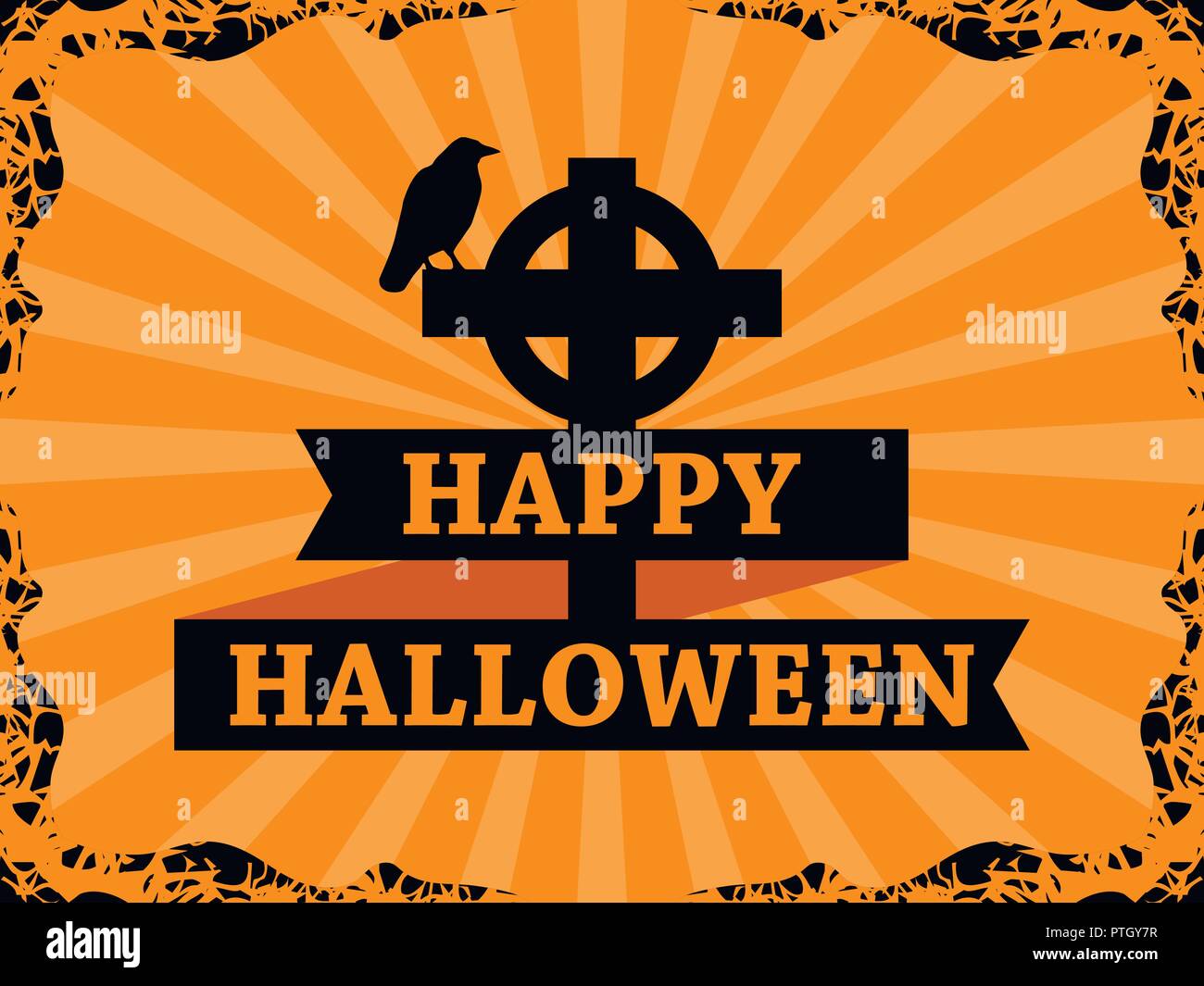Happy Halloween October 31st. Raven on the cross with ribbon. Frame ...