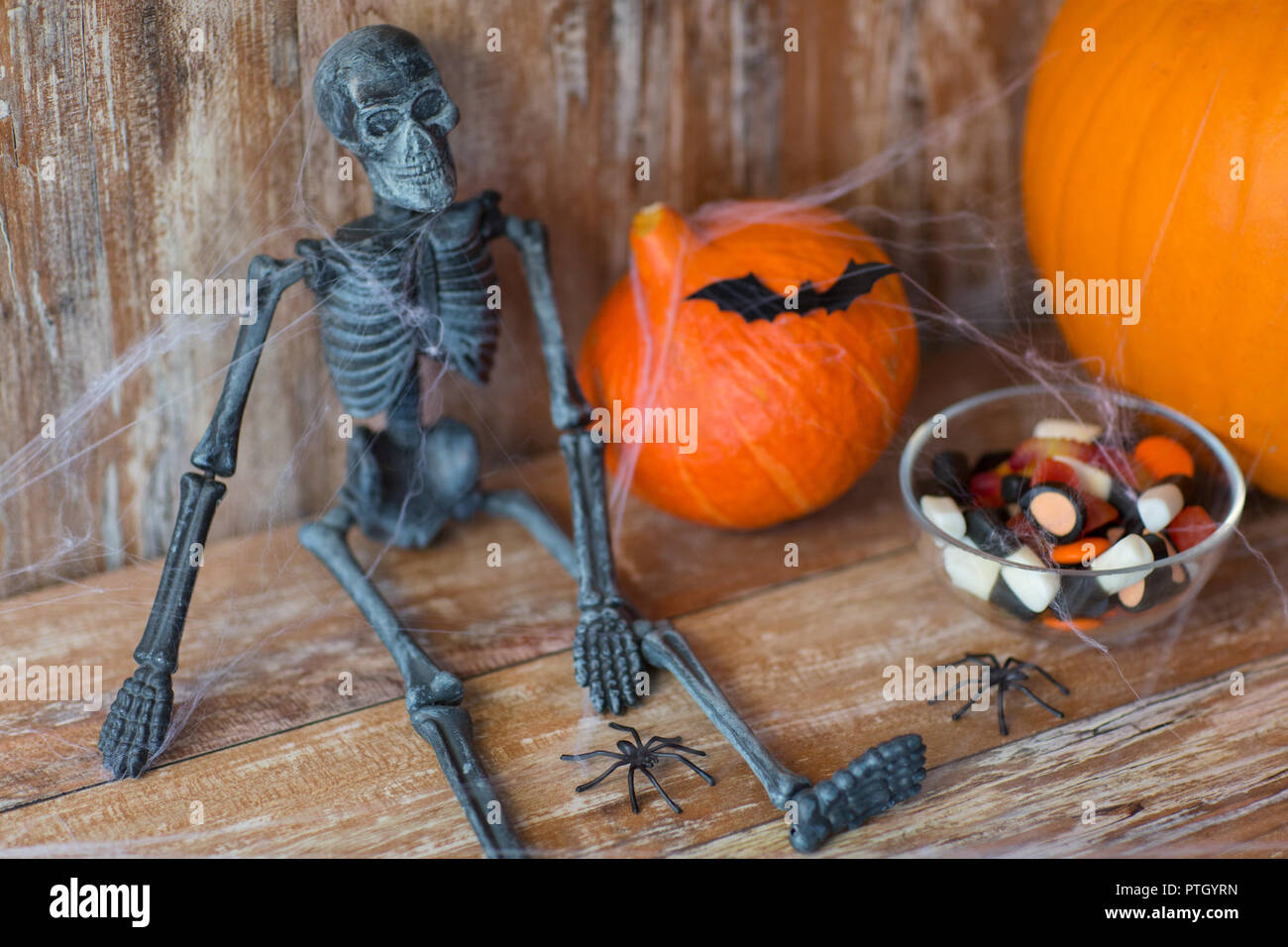 halloween pumpkins, skeleton and candies Stock Photo - Alamy