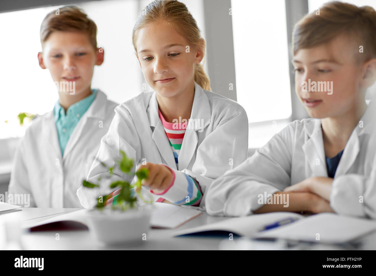 kids or students with plant at biology class Stock Photo - Alamy