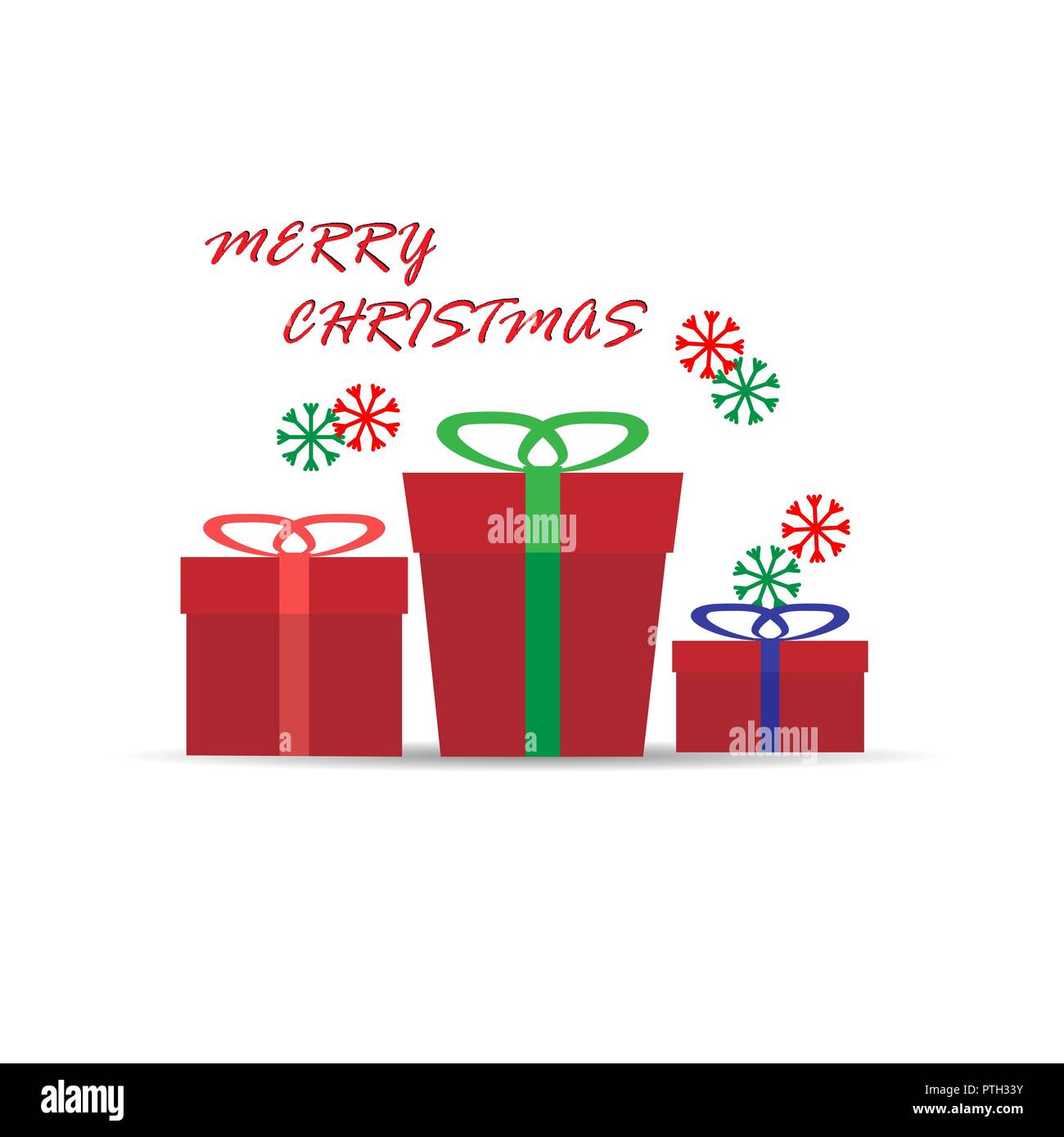 Three red festive boxes and the inscription Merry Christmas Stock ...