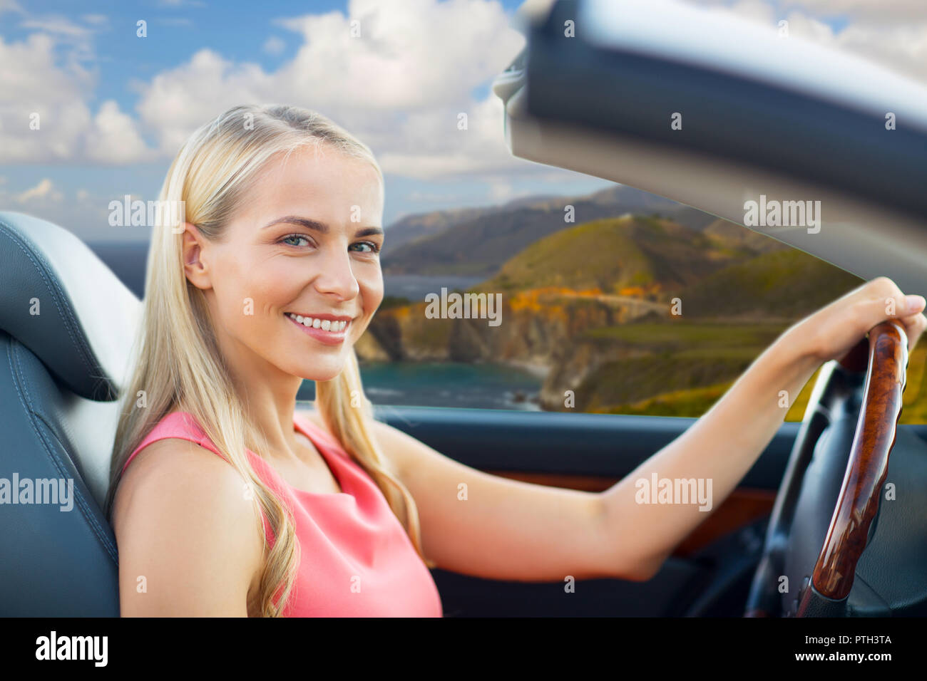 woman driving convertible car over big sur coast Stock Photo - Alamy