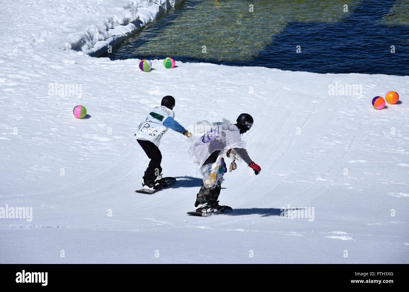 Perisher, Australia - Sept 30, 2018. People enjoy Pond Skimming. The ...