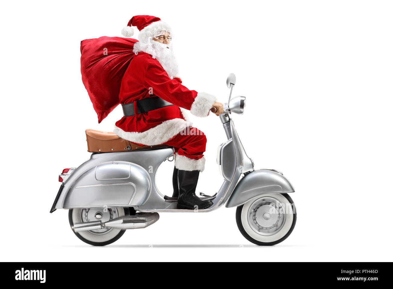 Santa Claus with a sack riding a vintage scooter isolated on white ...