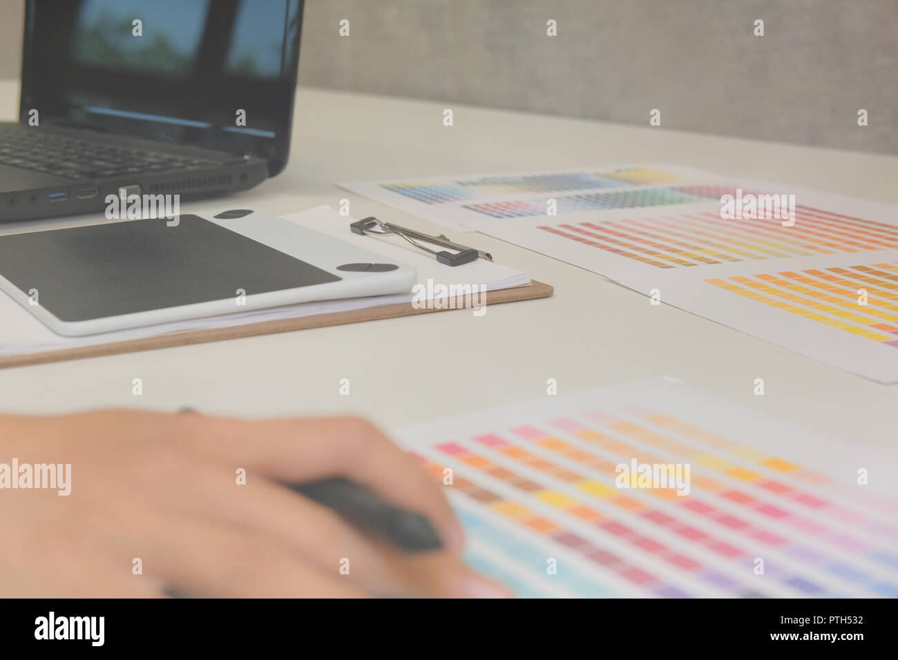 graphic interior designer choosing color from swatch sample catalogue ...
