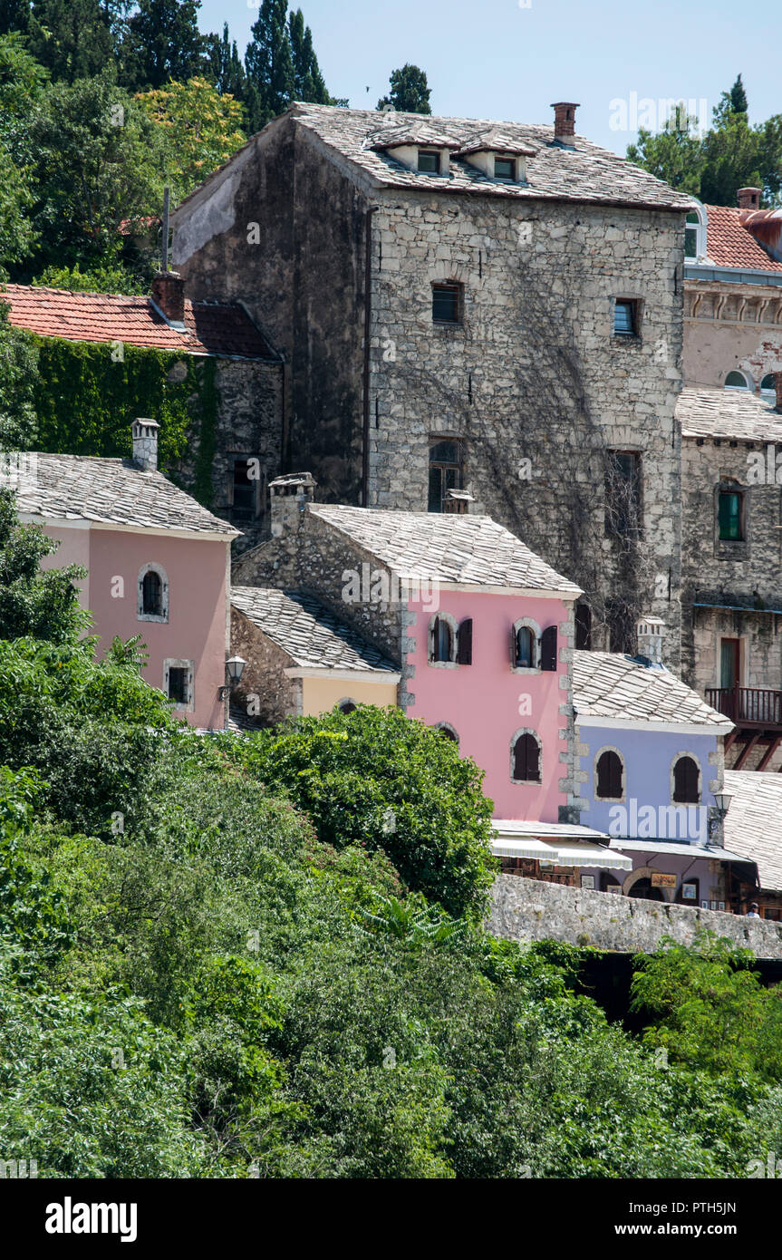 Mostar, Bosnia: skyline of the old bazaar Kujundziluk, the muslim and ...