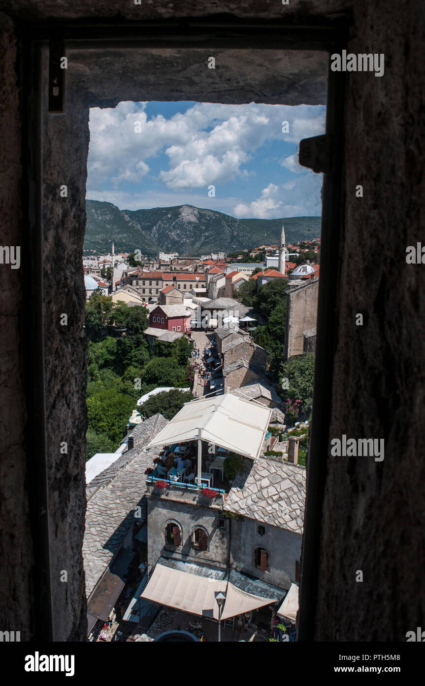 Bosnia: skyline of Mostar, city named after the bridge keepers (mostari ...
