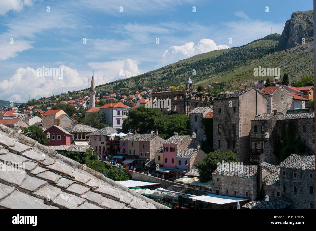 Bosnia: roofs and skyline of Mostar, old city named after the bridge ...