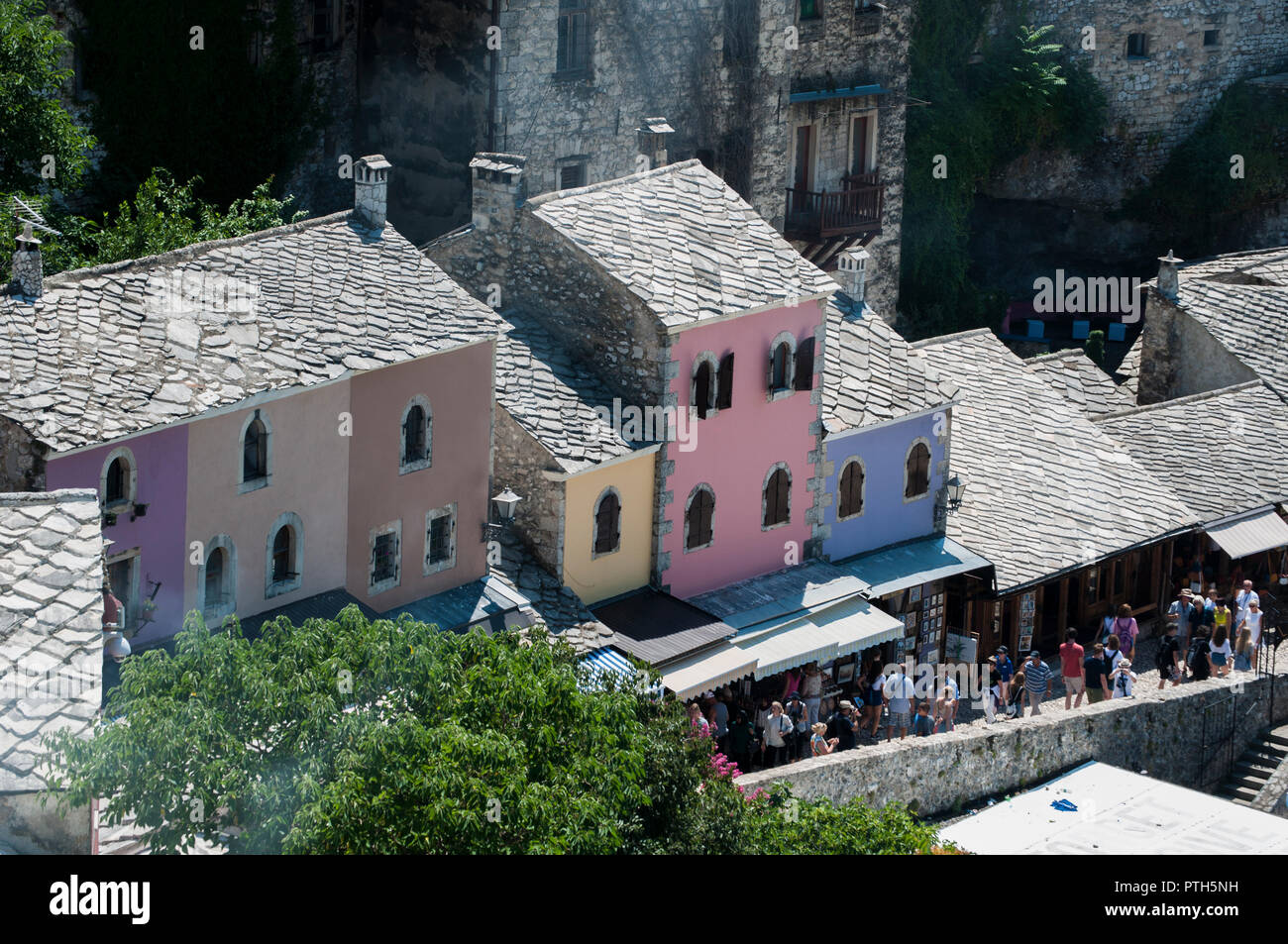 Mostar, Bosnia: skyline of the old bazaar Kujundziluk, the muslim and ...