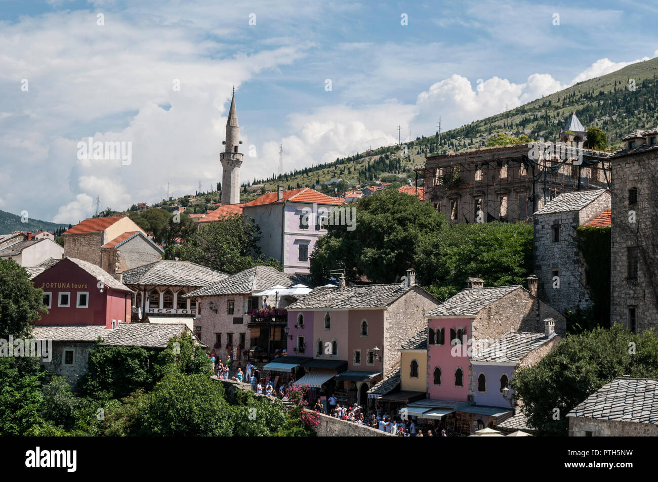 Mostar, Bosnia: skyline of the old bazaar Kujundziluk, the muslim and ...