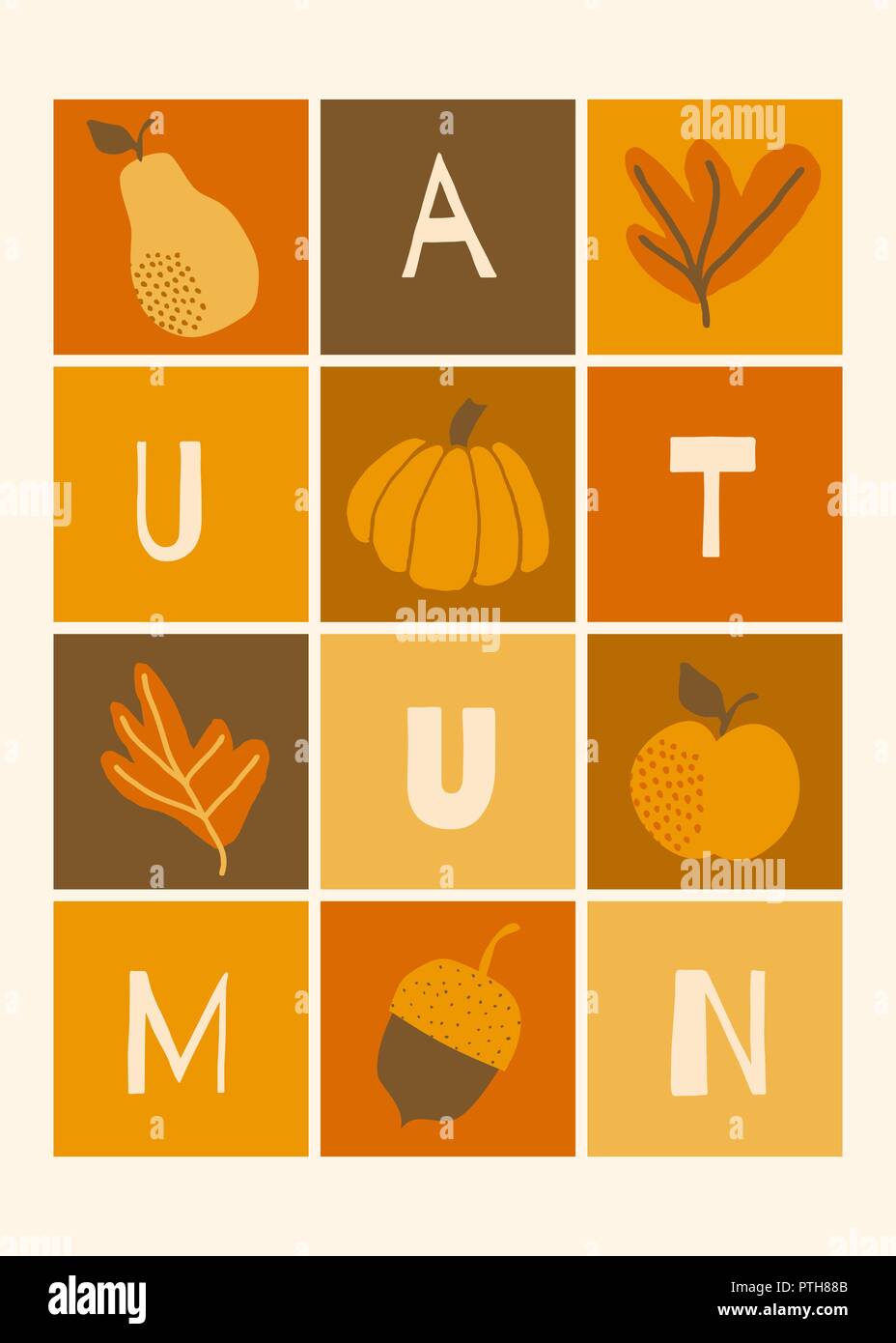 Autumn design with colorful squares, letters, fruits and leaves in ...