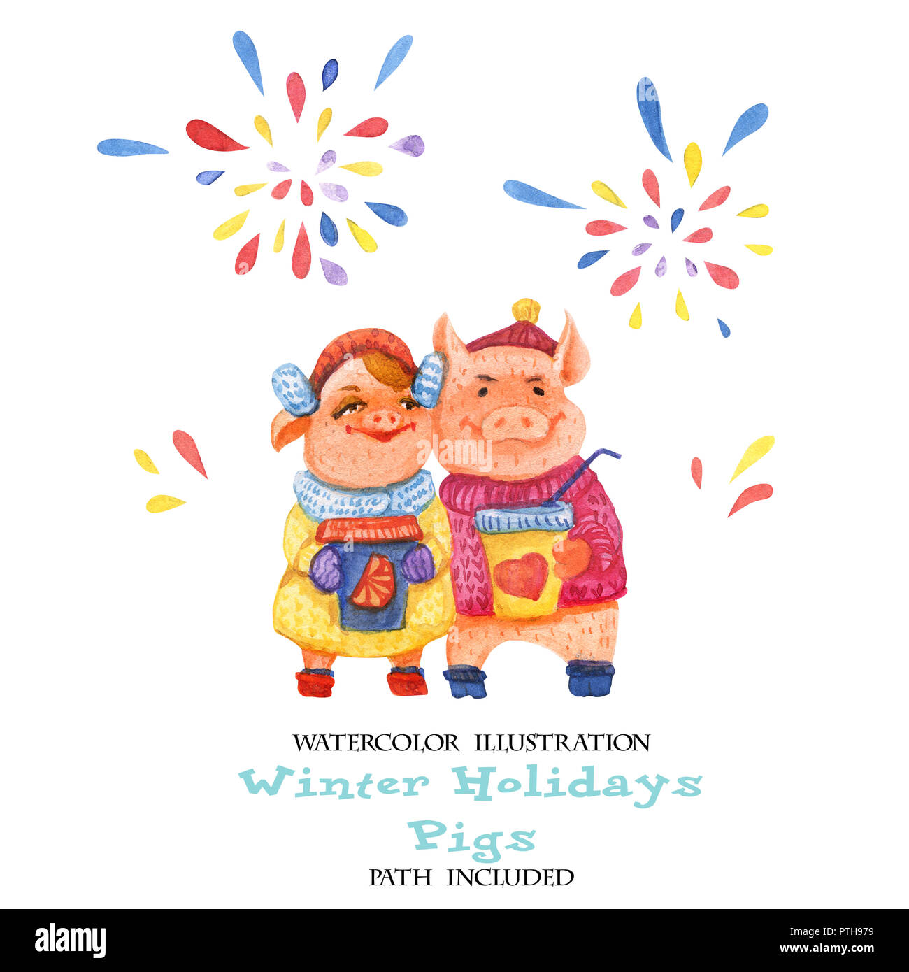 Illustration series Winter Holidays Pigs.A pair of enamored pig watches ...