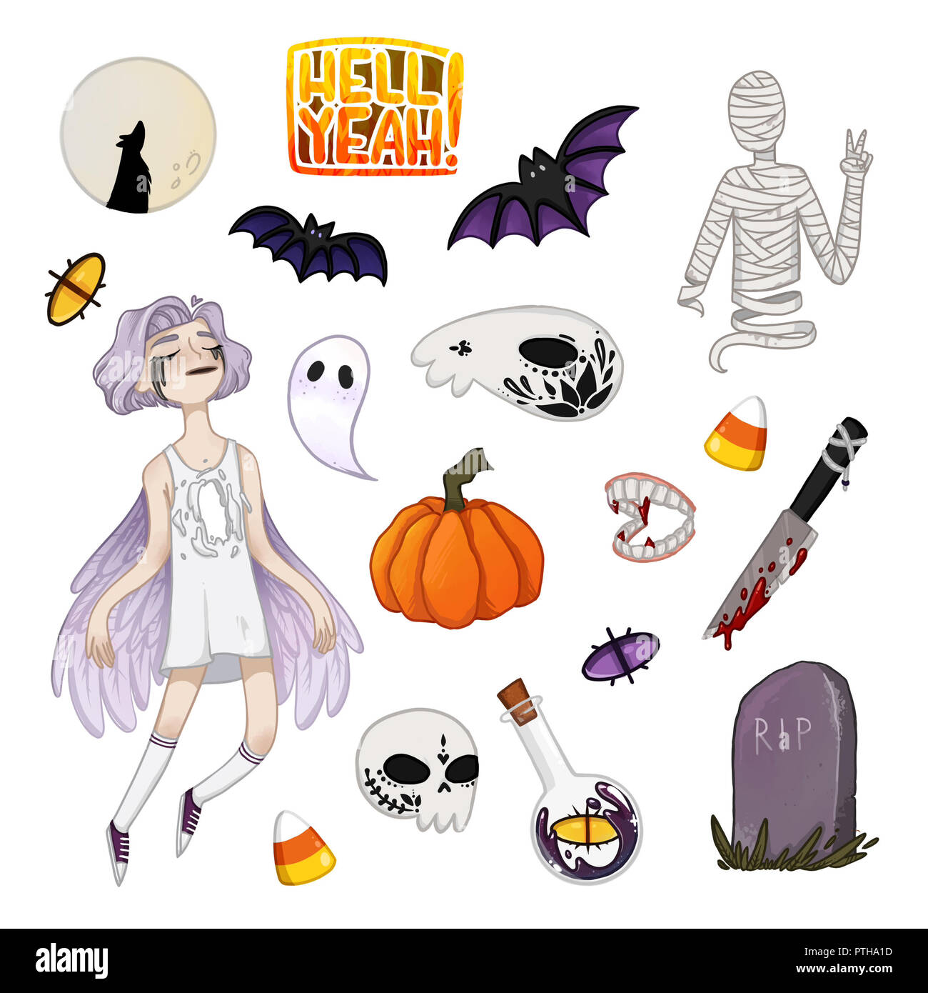 Halloween collection with angel, mummy, bats, pumpkin, potion, elements ...