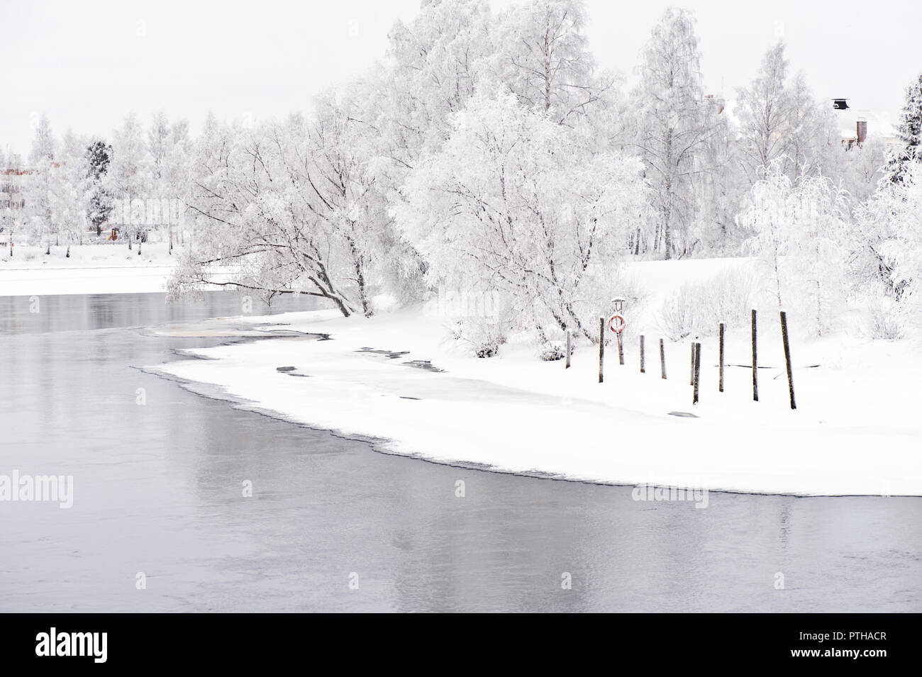 Winter river scenery with frost covered trees on riverbank Stock Photo ...