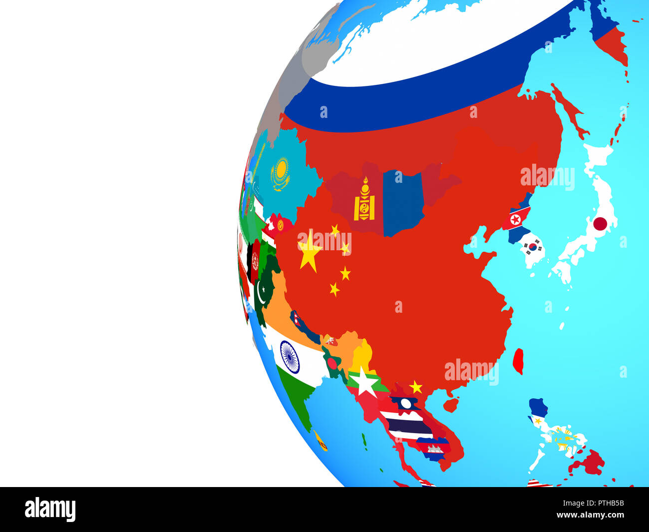 Asia with embedded national flags on blue political globe. 3D ...