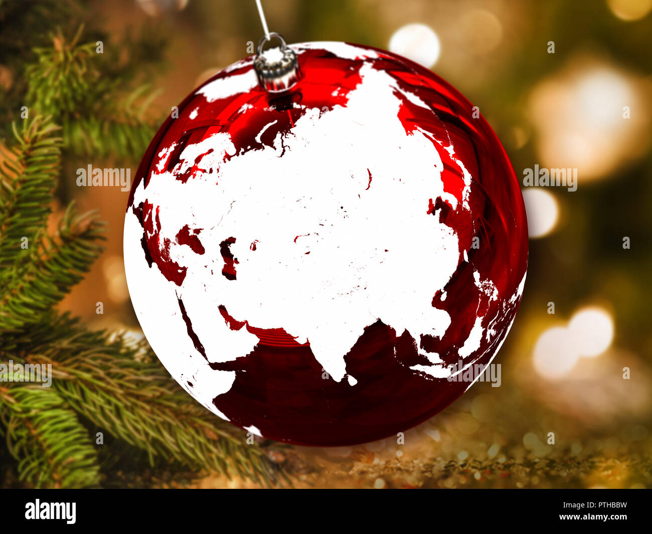 Asia on shiny Christmas ball in shape of planet Earth hanging from ...