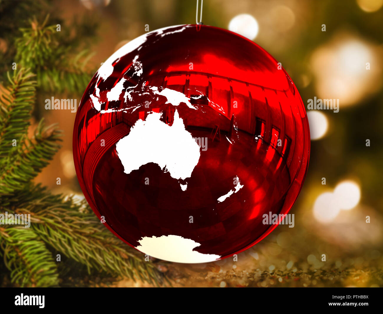 Australia on shiny Christmas ball in shape of planet Earth hanging from ...