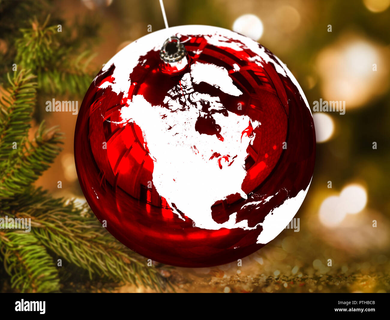 North America on shiny Christmas ball in shape of planet Earth hanging ...