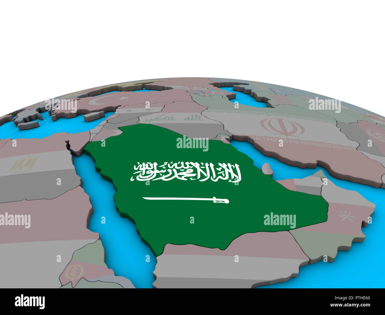 Saudi Arabia with embedded national flag on political 3D globe. 3D ...
